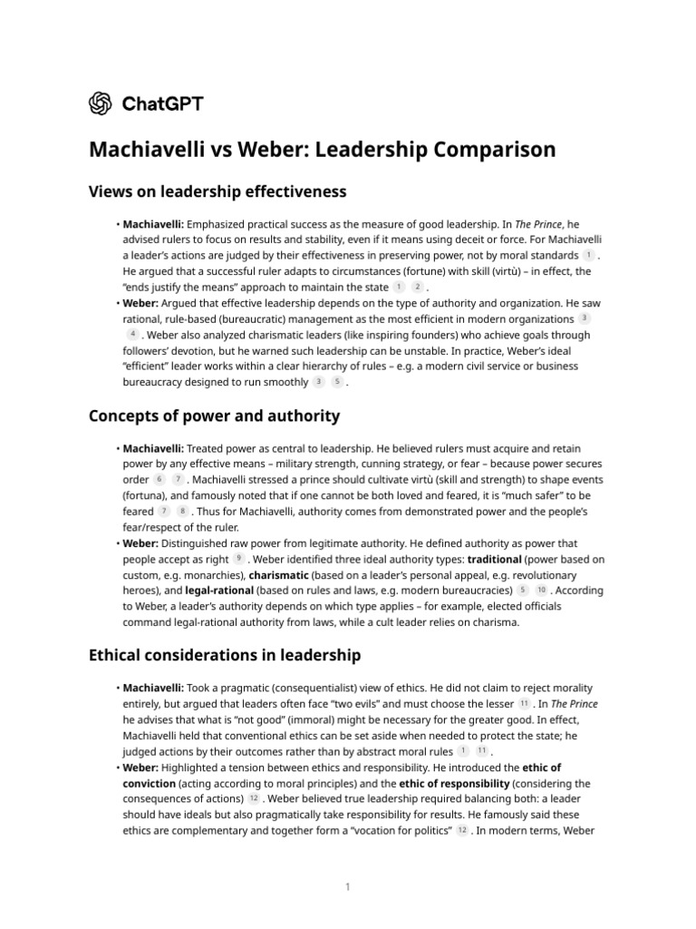 Machiavelli Vs Weber - Leadership Comparison | PDF | Leadership ...