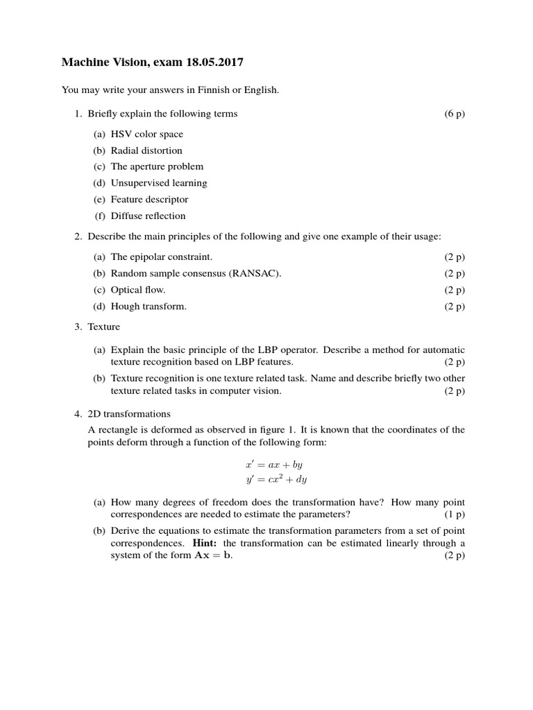 Machine Vision Exam Questions 2017 | PDF | Applied Mathematics | Algorithms
