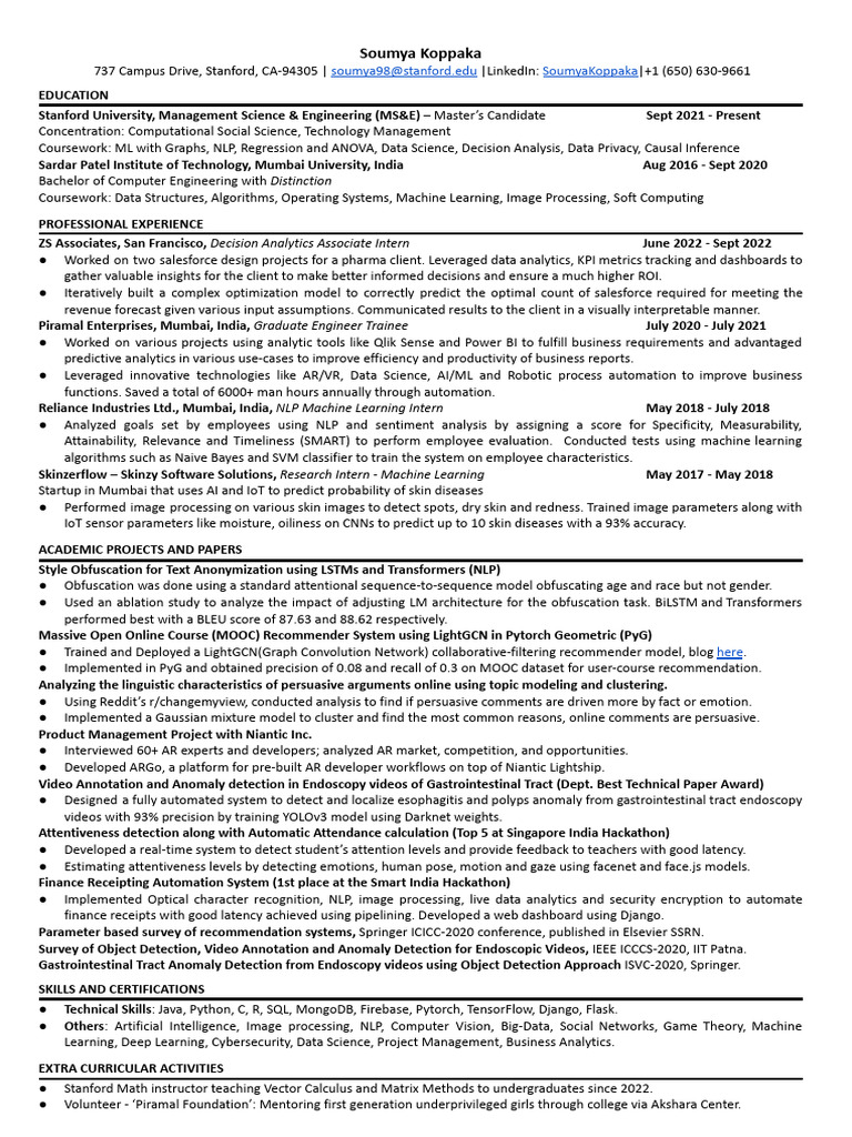 Resume Soumya Koppaka | PDF | Machine Learning | Analytics