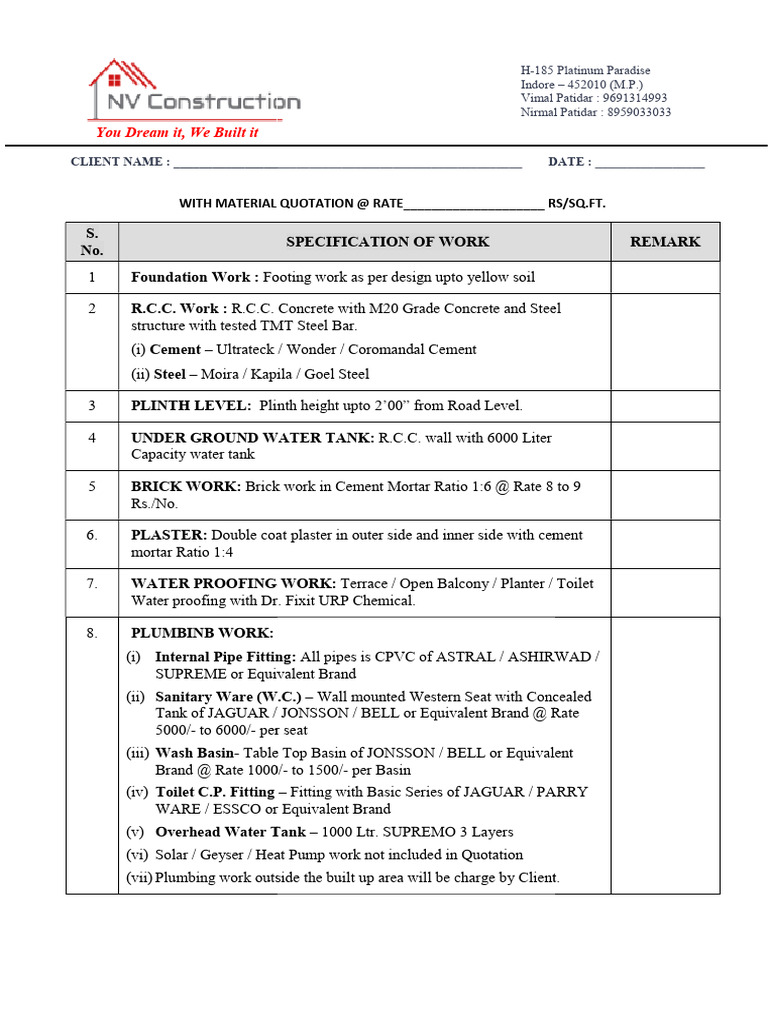 NV Construction (Quotation) | PDF | Paint | Building Materials