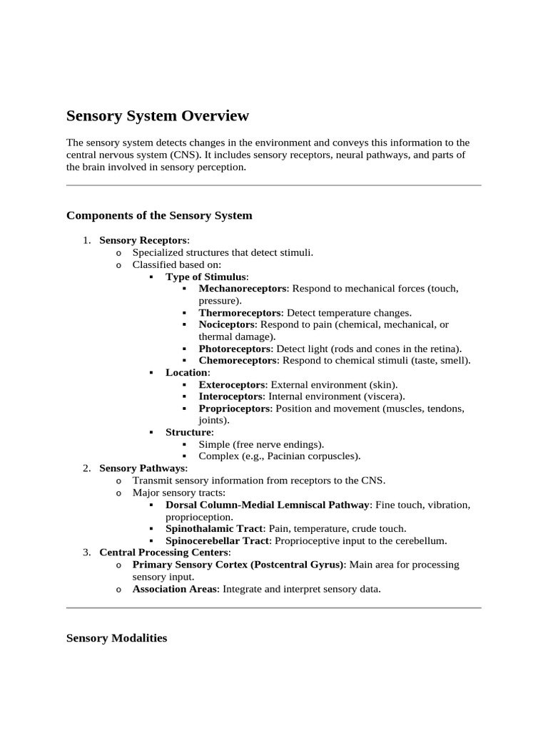 Sensory System Components and Functions | PDF | Somatosensory System | Pain