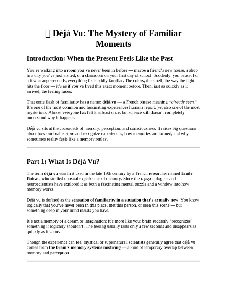 Understanding Déjà Vu: Causes & Insights | PDF | Memory | Perception