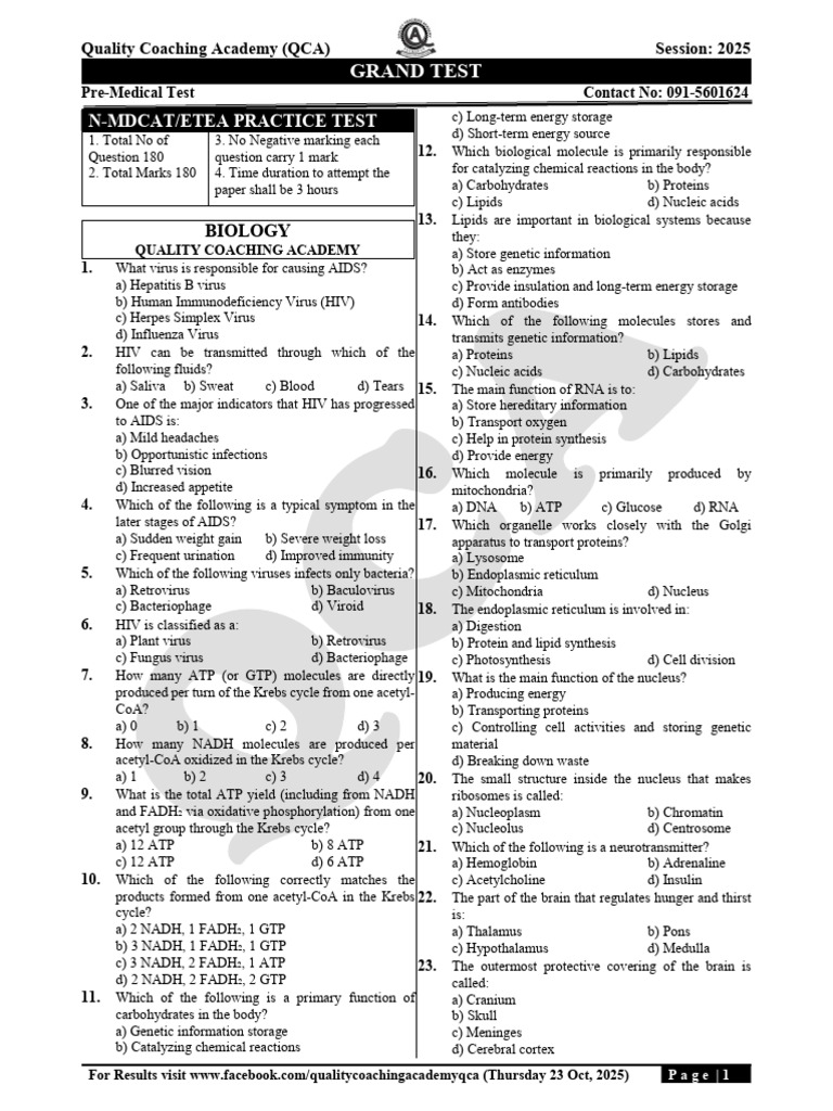 2025 Pre-Medical Test Practice Questions | PDF | Artery | Virus