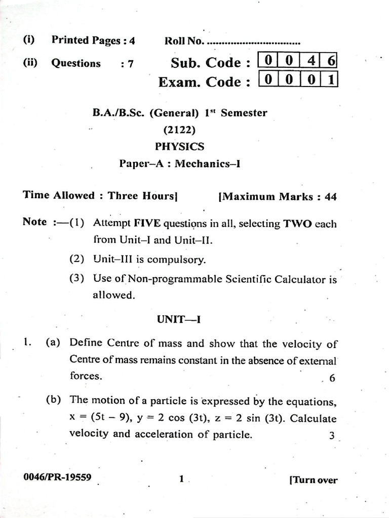 BA BSc General 1st Sem Physics Paper a Mechanics-I December 2022 | PDF