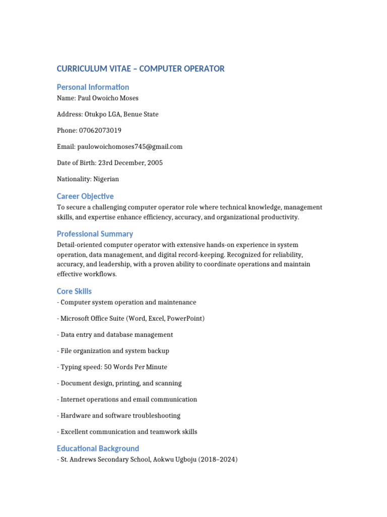 Paul Owoicho Moses CV Computer Operator | PDF