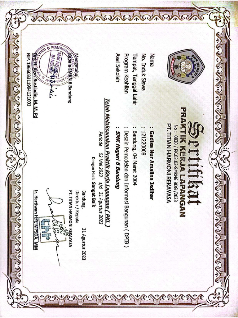 7.Sertifikat Pkl_gadisa Nur Amalina Isdihar | PDF