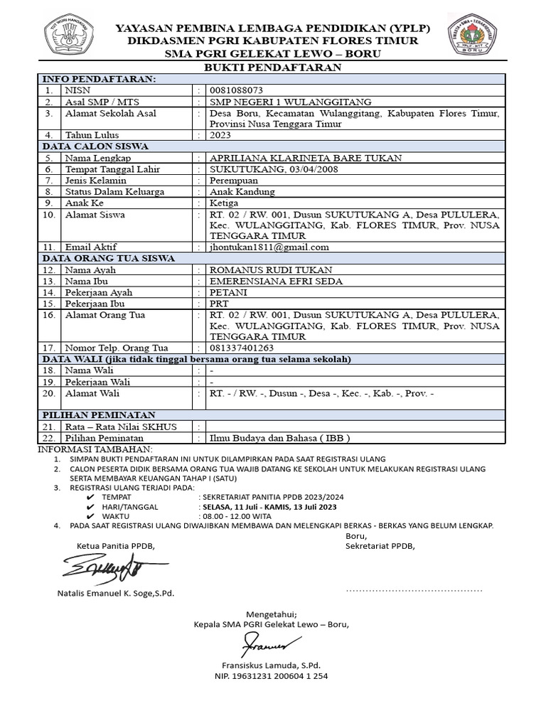 PPDB 2023 Apriliana Klarineta Bare Tukan | PDF