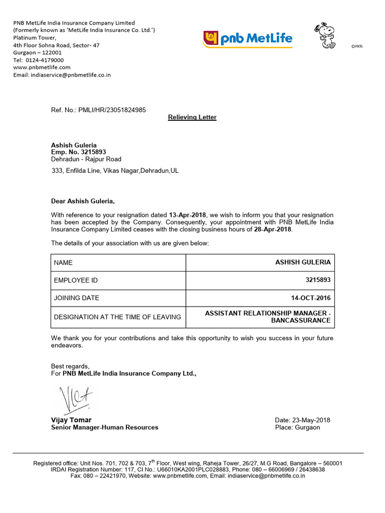 PNB MetLife Relieving Letter for Ashish Guleria | PDF