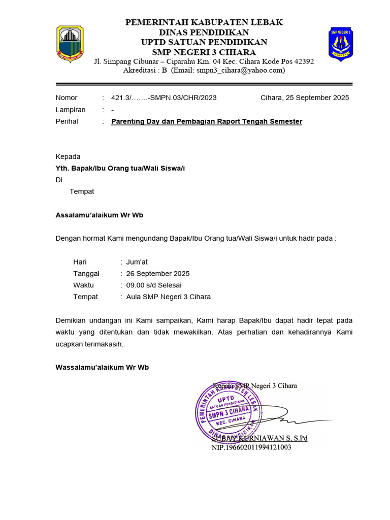 Undangan Parenting Day SMPN 3 Cihara | PDF