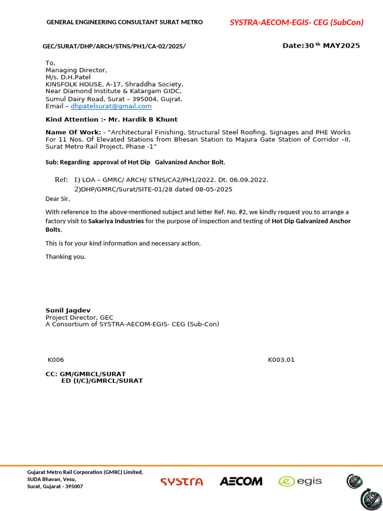 Surat Metro Project Anchor Bolt Approval | PDF