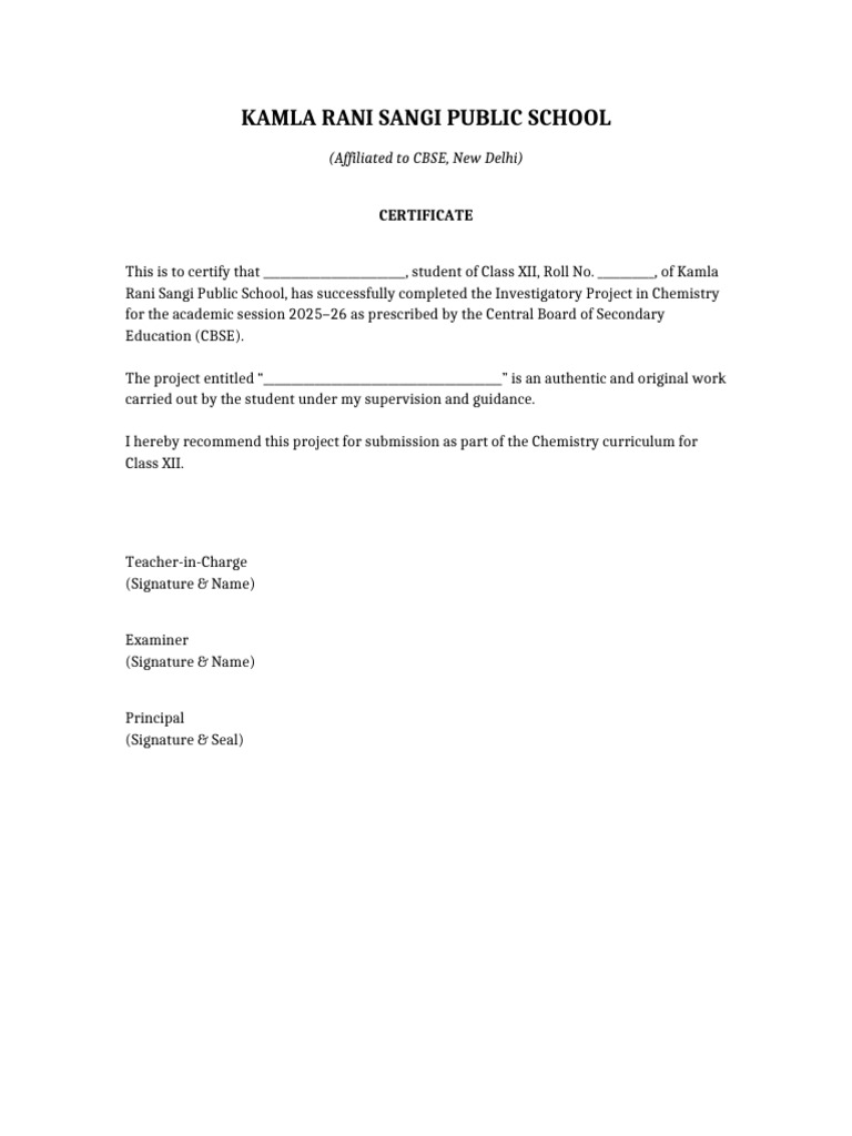 Class XII Chemistry Project Certificate | PDF