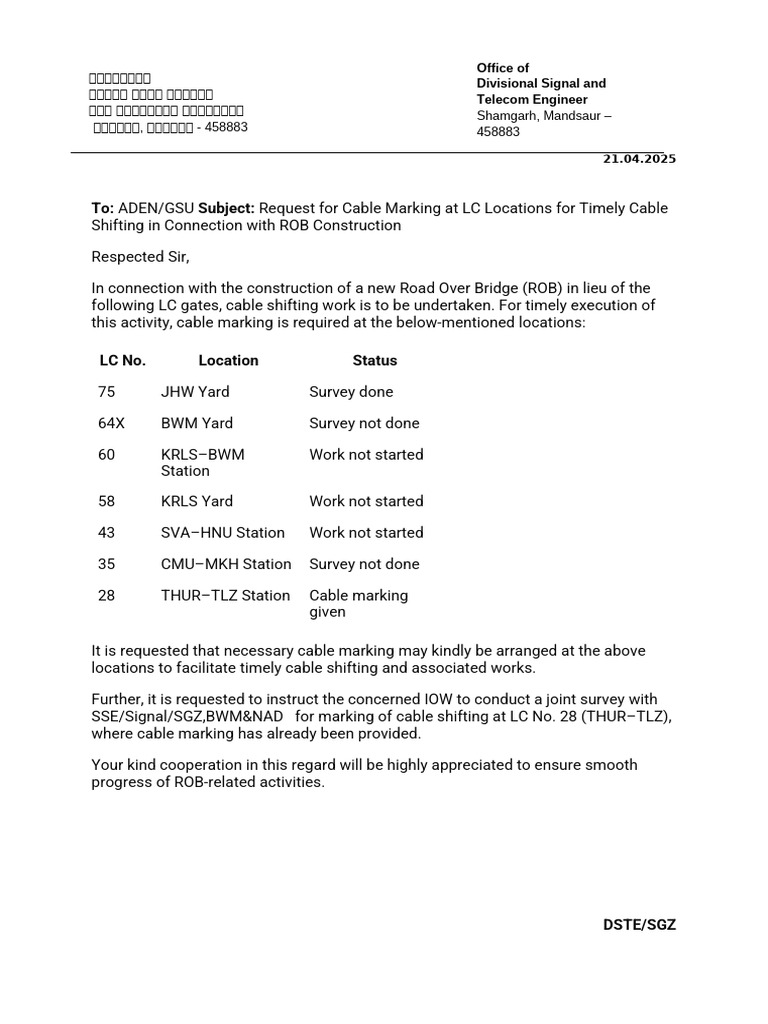 Cable Marking Request for ROB Construction | PDF