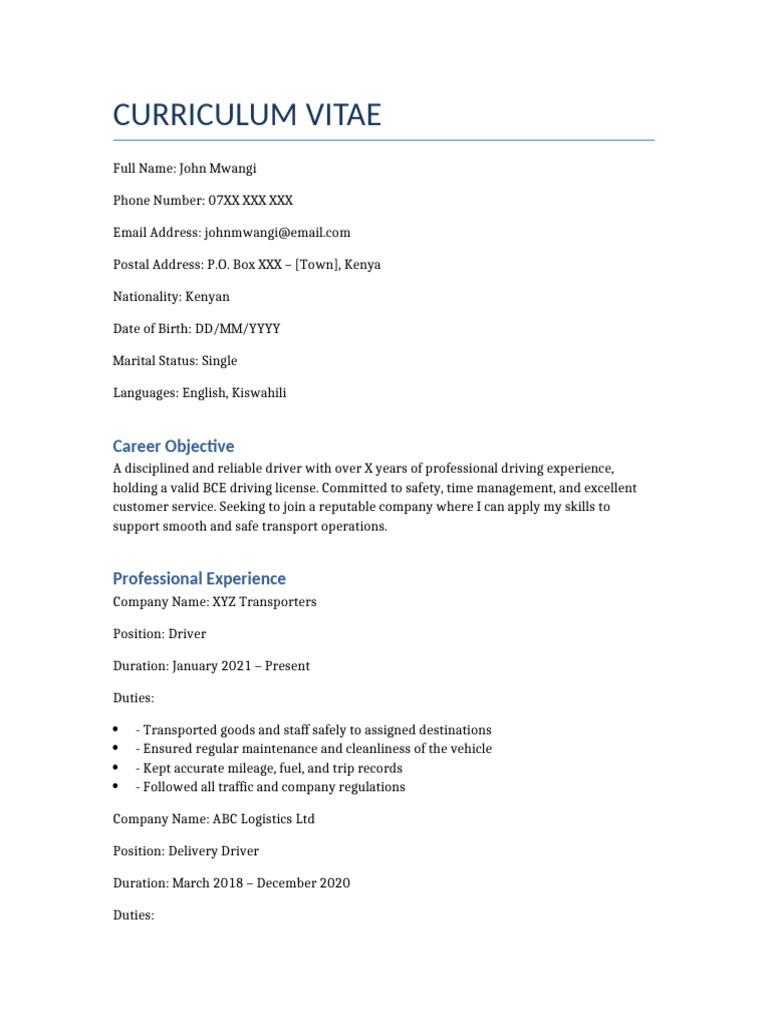 Driver CV Sample for Kenya | PDF