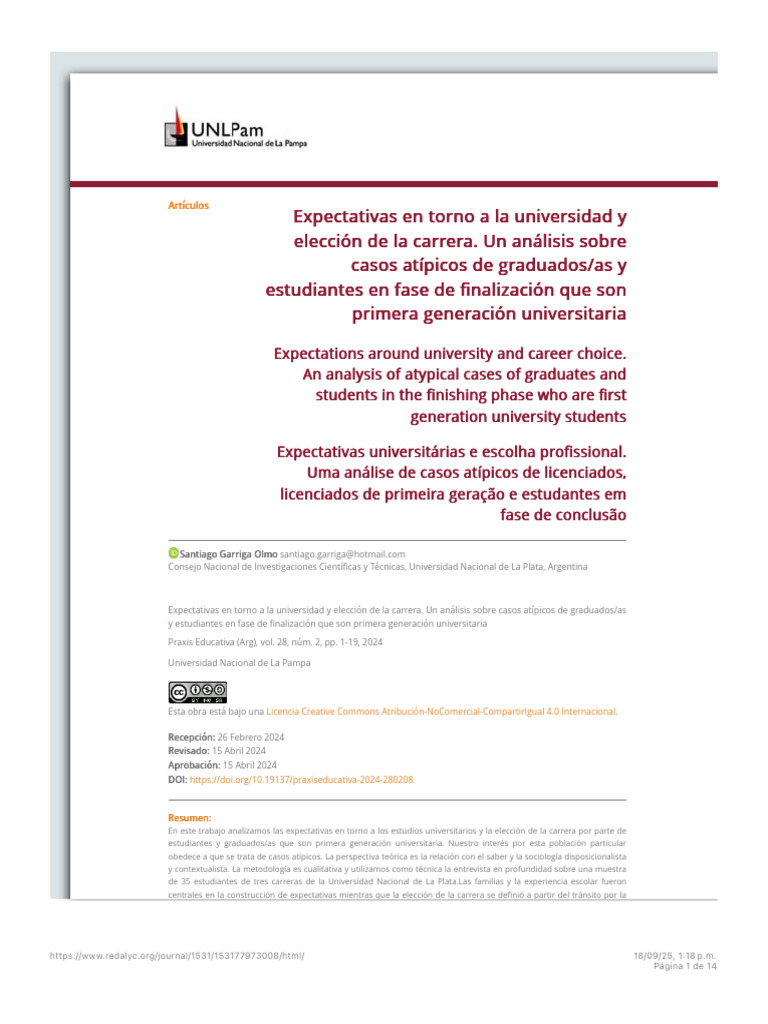 Expectativas en Torno A La Universidad y Elección de La Carrera. Un ...