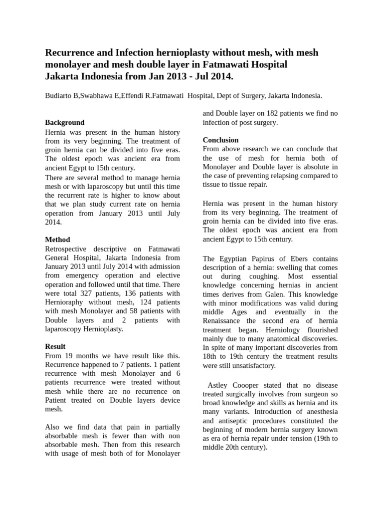 Recurrence and Infection Hernioplasty With Mesh Monolayer/double Layer ...