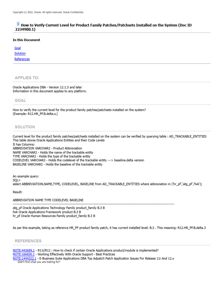 Verify Oracle Product Patch Levels | PDF