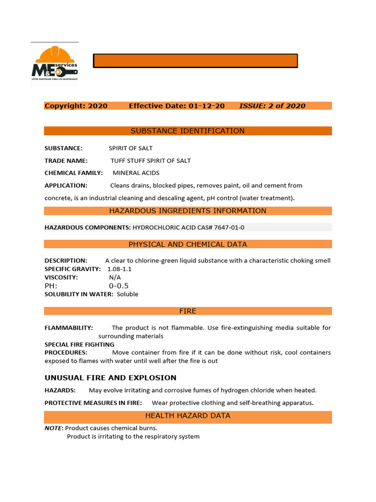 Spirit of Salt MSDS Overview | PDF | Water | Personal Protective Equipment