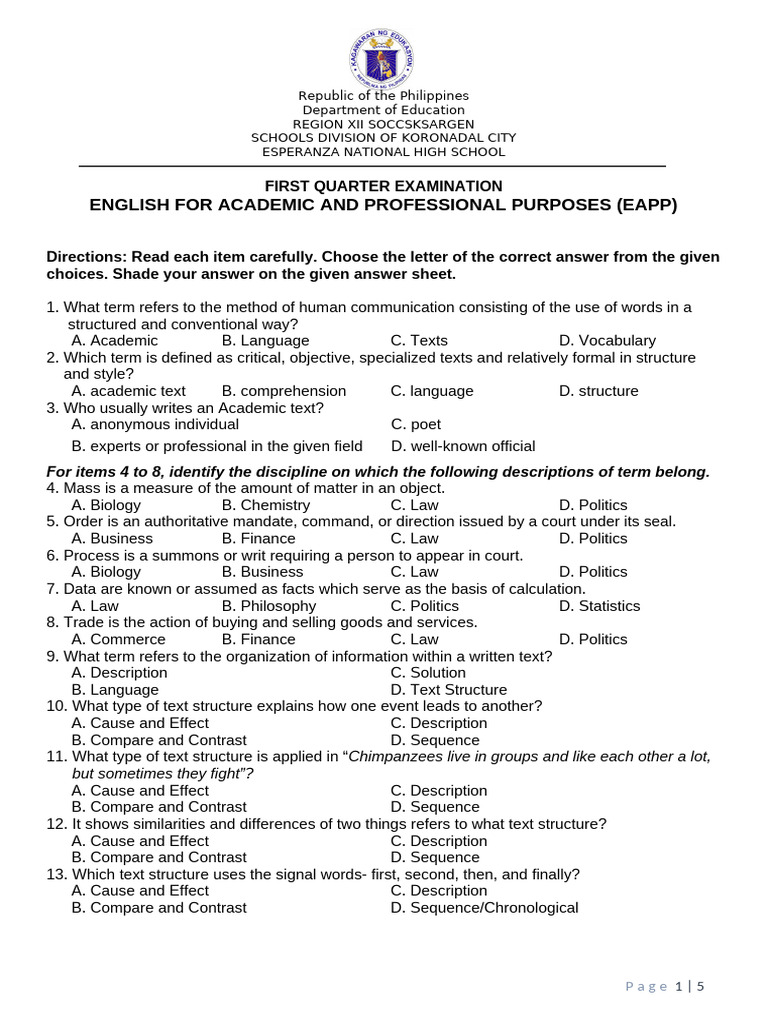 1st Quarter Summative Assessment in EAPP | PDF | Argument | Essays