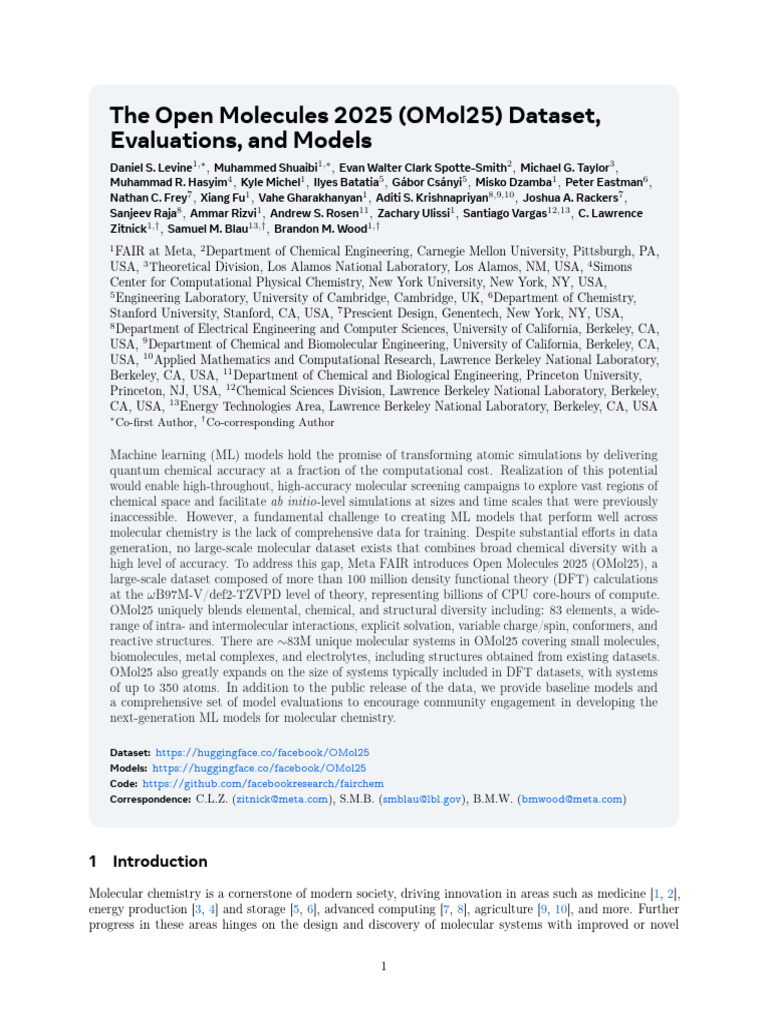 The Open Molecules 2025 (Omol25) Dataset, Evaluations, and Models | PDF ...