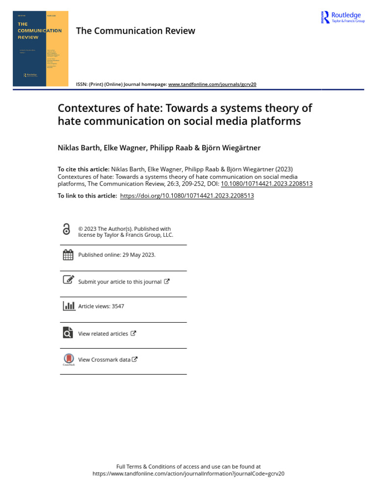 Contextures of Hate Towards A Systems Theory of Hate Communication On ...