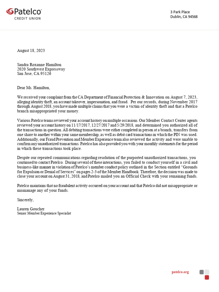 Patelco Response to Identity Theft Complaint | PDF