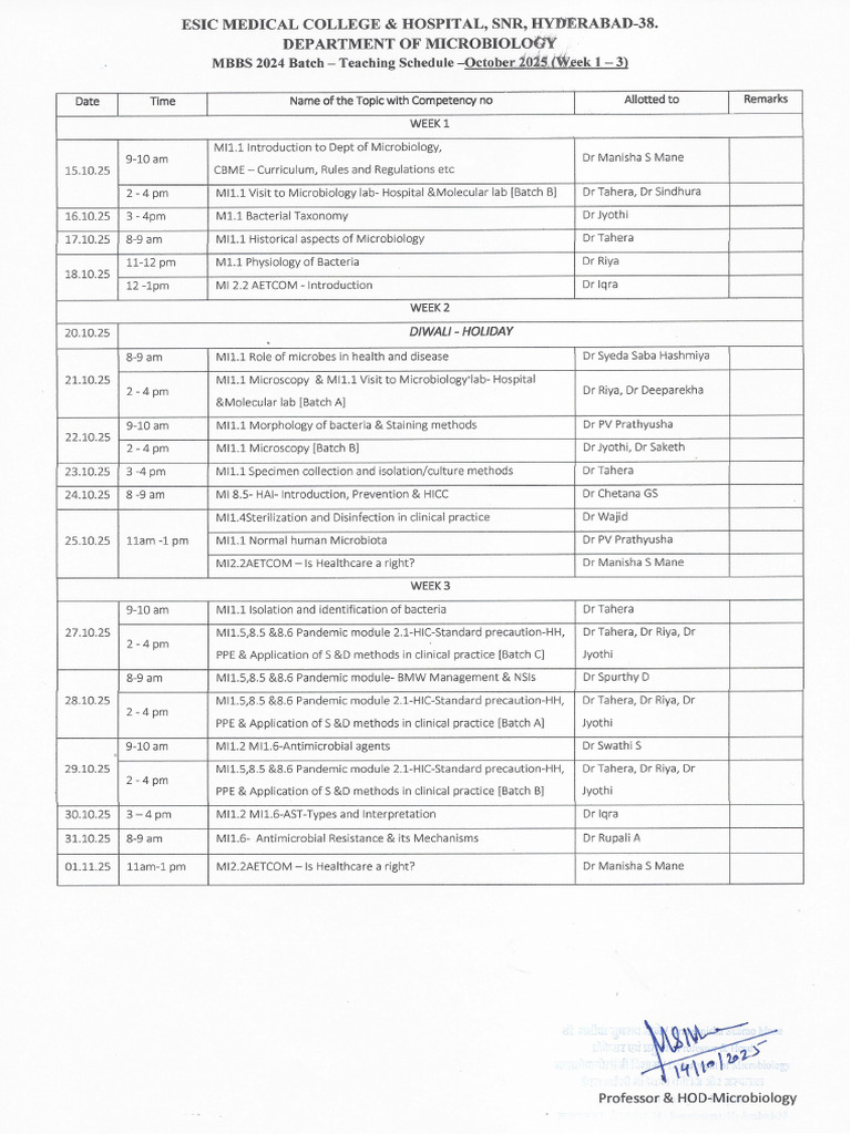 MBBS 2024 B October Teaching Schedule | PDF