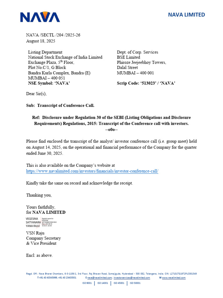 Nava Limited: NSE Symbol: NAVA' Scrip Code: 513023' / NAVA' | PDF ...