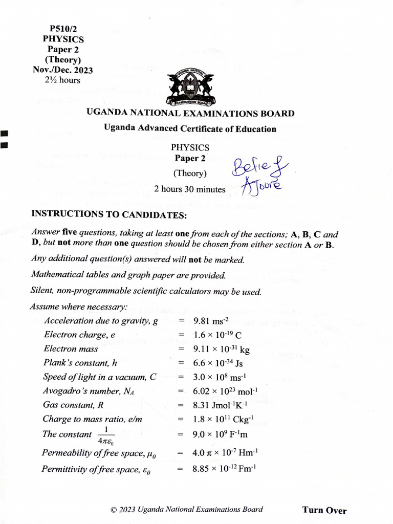 Uace Physics Paper 2 2023 | PDF
