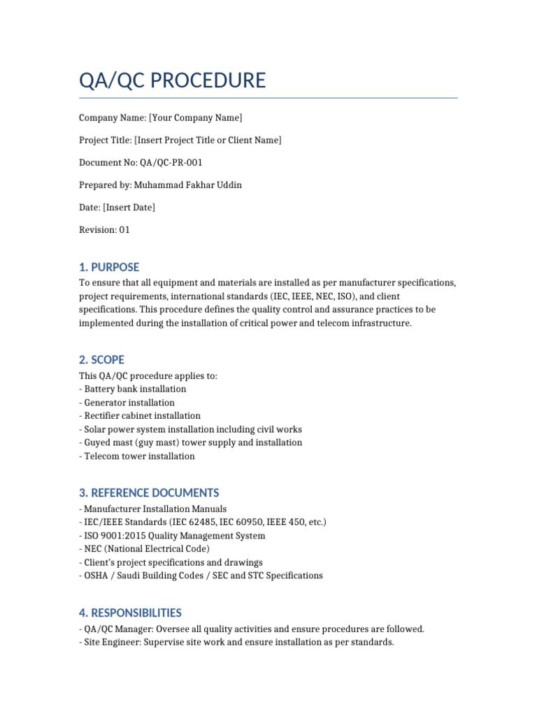 QA/QC Procedure for Power & Telecom Installations | PDF | Quality ...