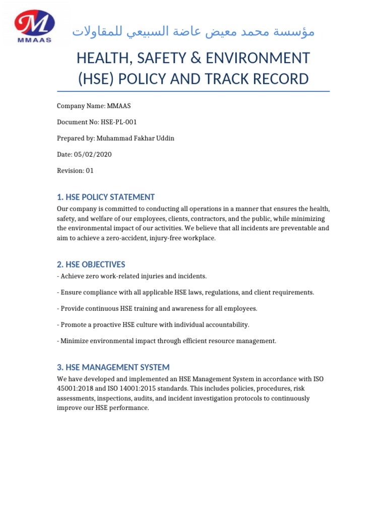 HSE Policy and Track Record | PDF | Occupational Safety And Health | Safety