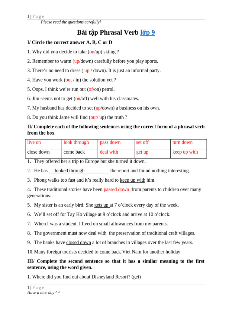 Bai Tap Phrasal Verb Lop 9 | PDF