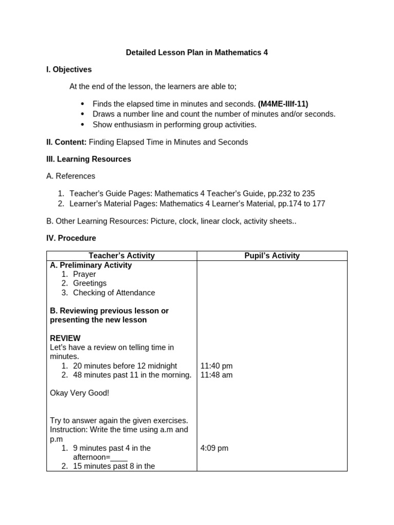 Mathematics 4: Elapsed Time Lesson Plan | PDF | Lesson Plan | Teachers