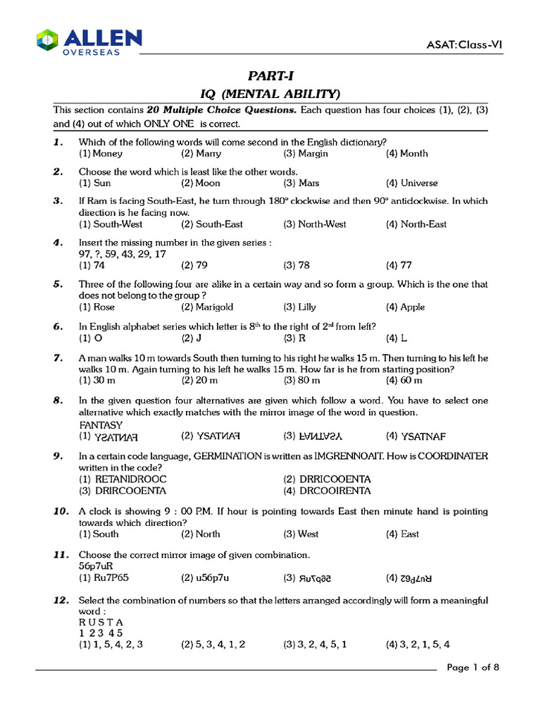 Offline ASAT Overseas Sample Paper Class-VI | PDF