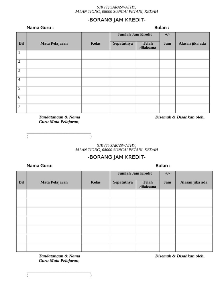 Borang Jam Kredit Guru SJK(T) | PDF