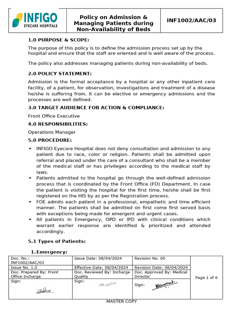 Patient Admission Policy & Bed Management | PDF | Patient | Hospital