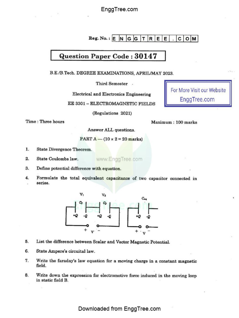 EE3301 Electromagnetic Fields Apr May 2023 Question Paper Download | PDF