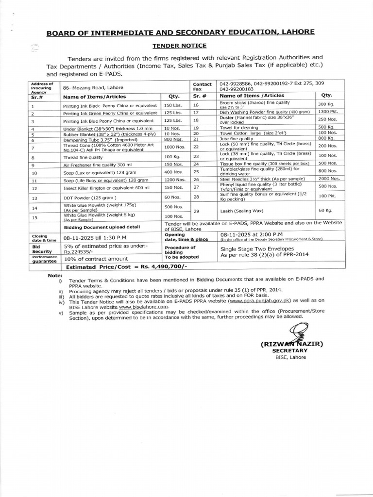 Tender PrintingItems | PDF