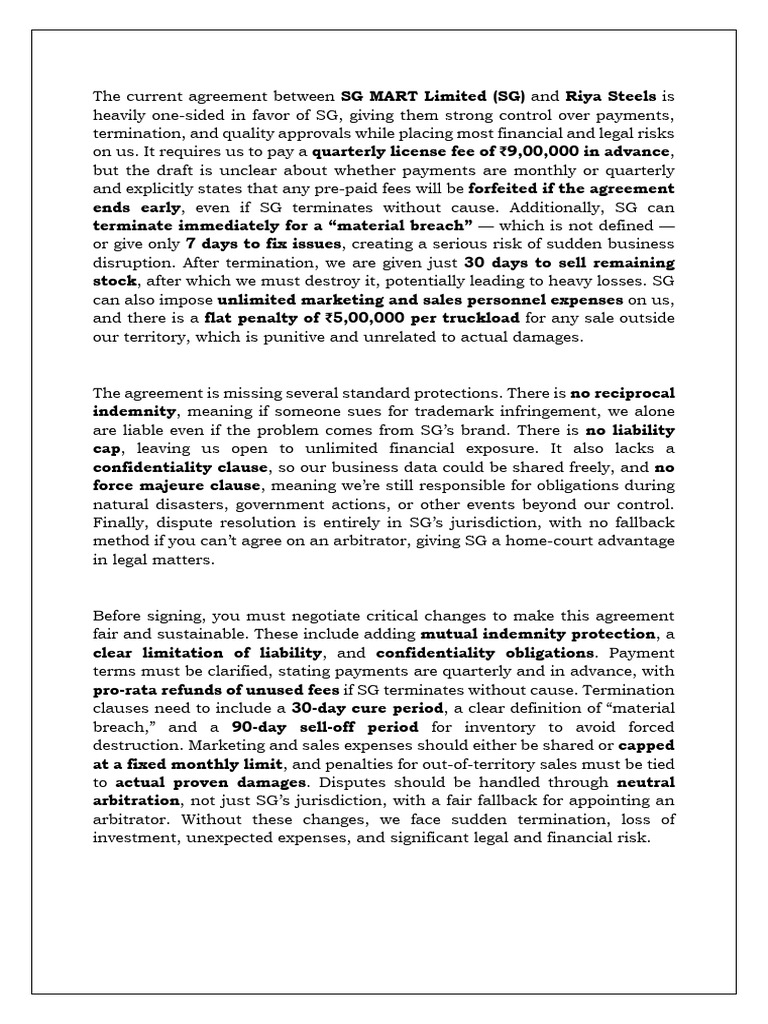 SG MART Limited and Riya Steels Summary Note for Changes | PDF | Arbitration | Indemnity