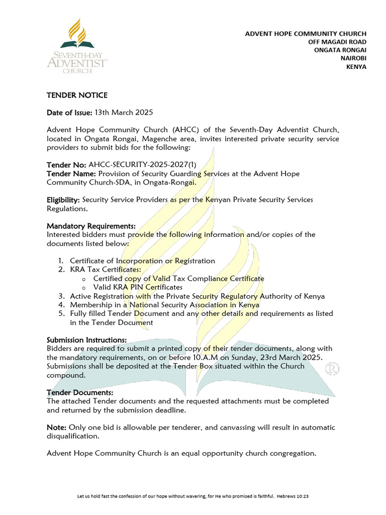 Security Tender for Advent Hope Church | PDF | Securities | Private Law