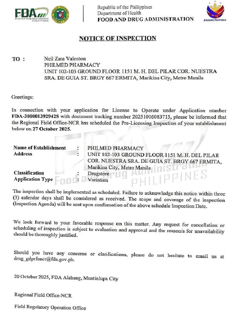 Letter For Inspection FDA | PDF