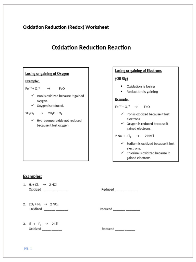 Oxidation Reduction Worksheet | PDF | Redox | Chemical Elements