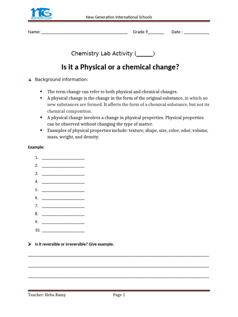 Physical and Chemical Changes - Activity | PDF | Chemical Substances ...
