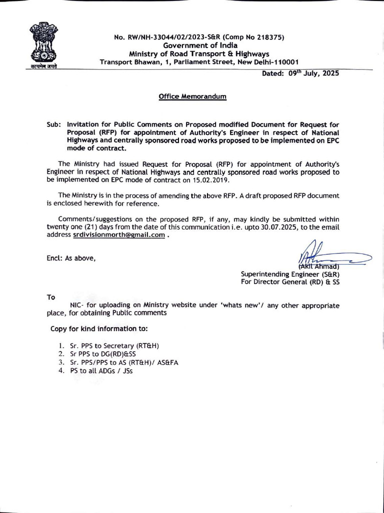 MoRTH OM For Invitation of Public Comments With Draft RFP For EPC ...