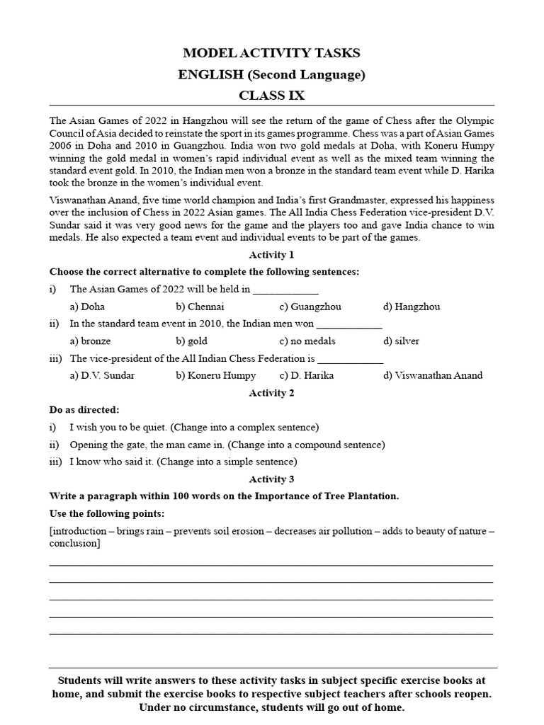 Class IX ESL Activity Tasks on Chess | PDF | Chess