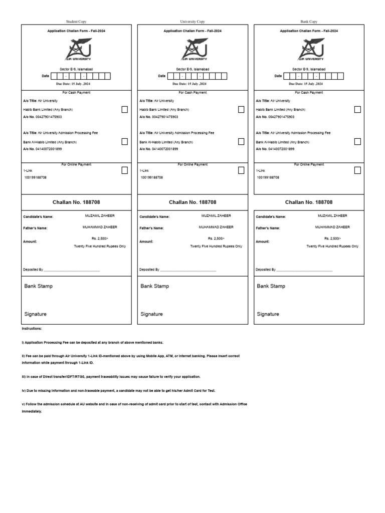 Challan Form - Air University | PDF | Payments | Cash