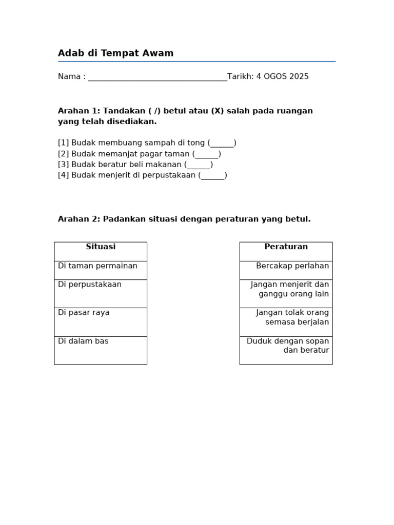 Lembaran Kerja Adab Tempat Awam | PDF