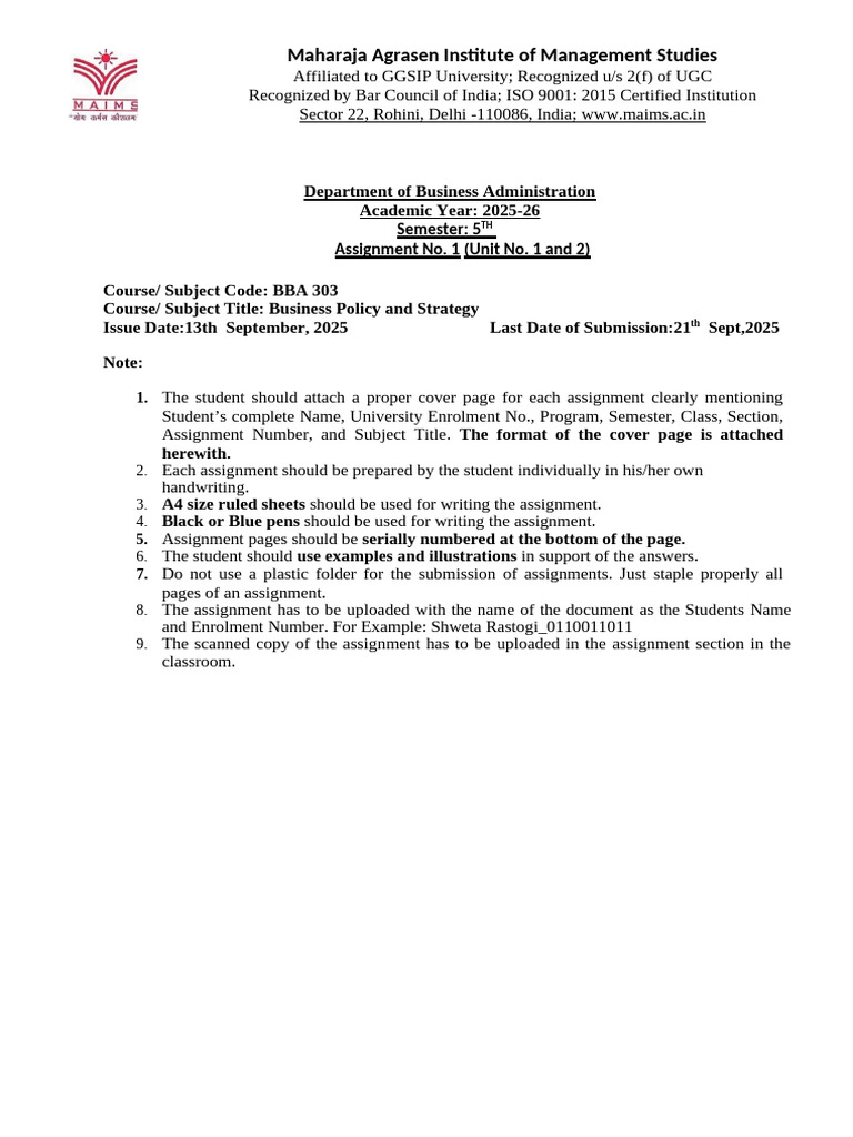 BPSM Assignment 1 2 September 2025 | PDF | Strategic Management | Business