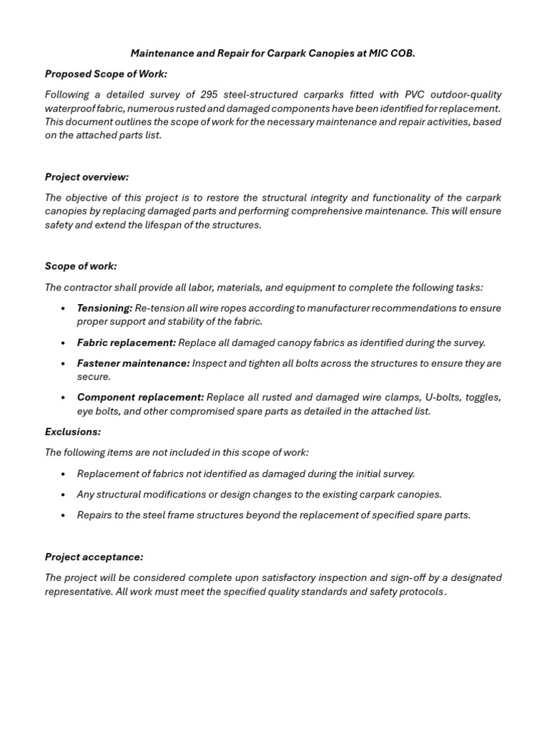 Scope of Services - Maintenance and Repair For Carpark Canopies at MIC ...