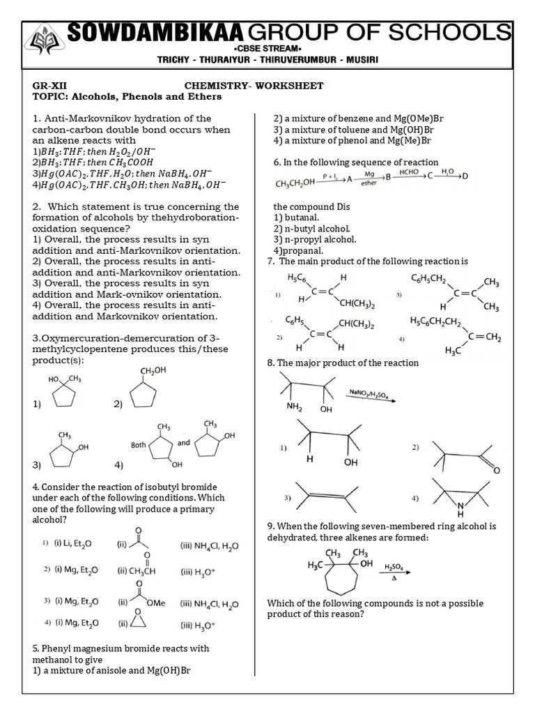 Alcohols, Phenols, and Ethers Worksheet | PDF | Sodium Bicarbonate | Ether