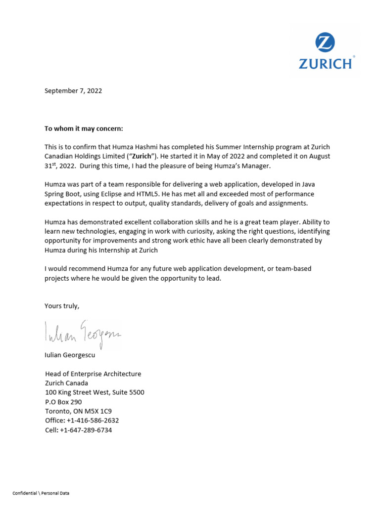 Humza Hashmi Recommendation Letter Zurich | PDF